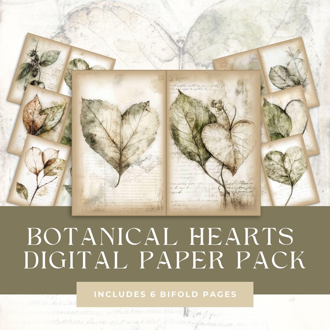 Botanical Valentines Bifold Junk Journal Pages, Leafy Greenery Nature ...