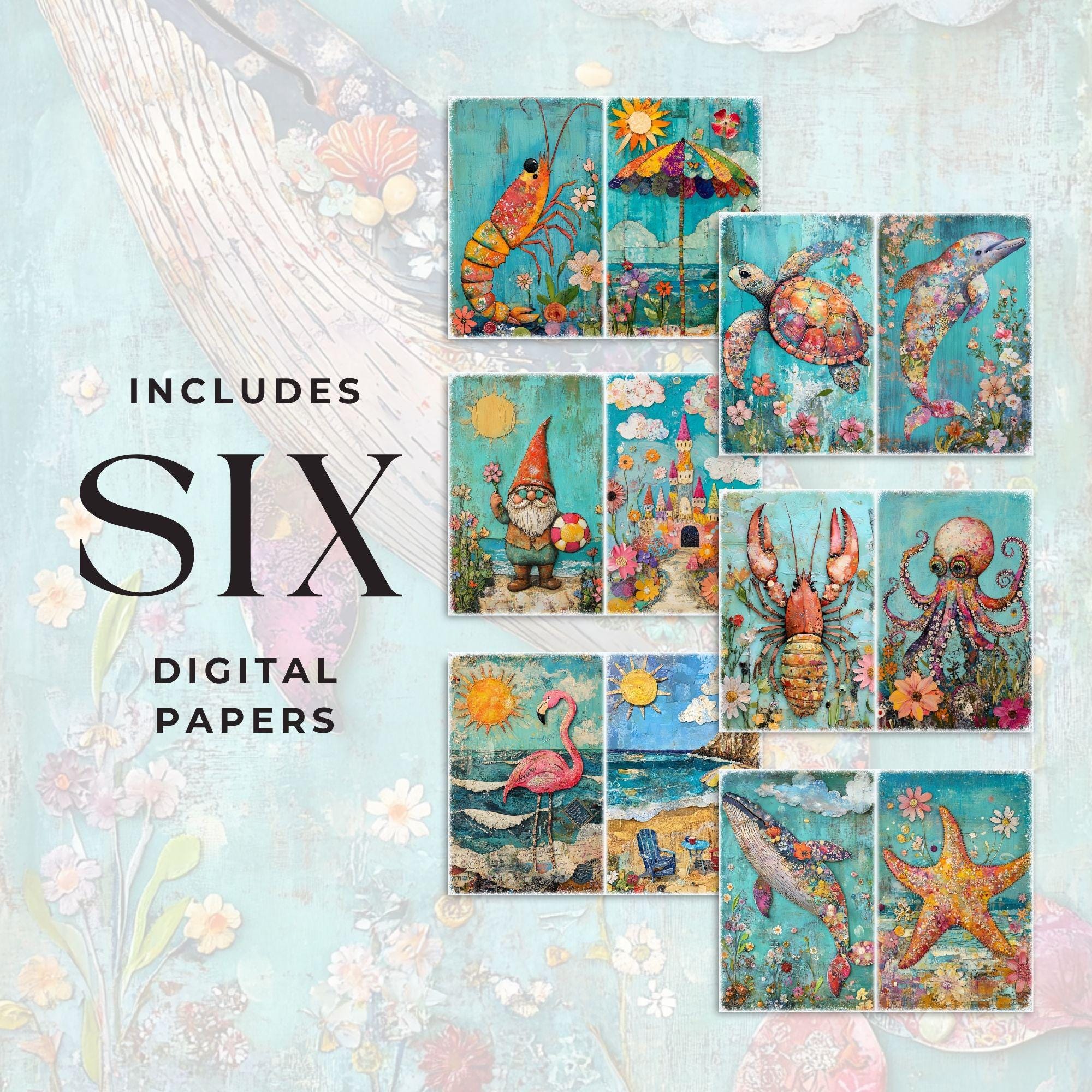 Folk Art Beach Digital Paper Pack, Colorful Whimsical Floral Ocean Junk ...
