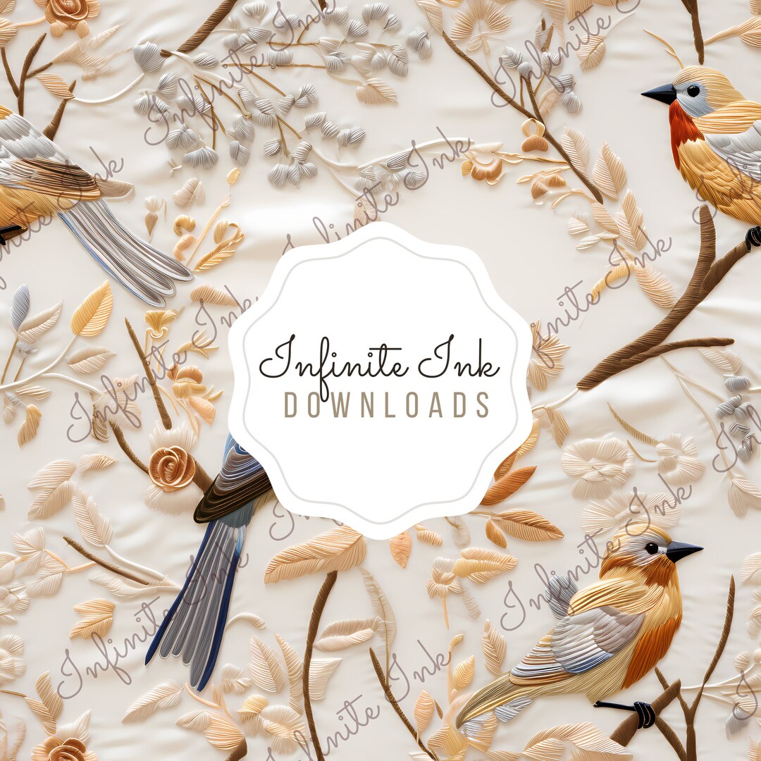 3D Embroidery Effect Birds Seamless Pattern Cute Little Beige Birds ...