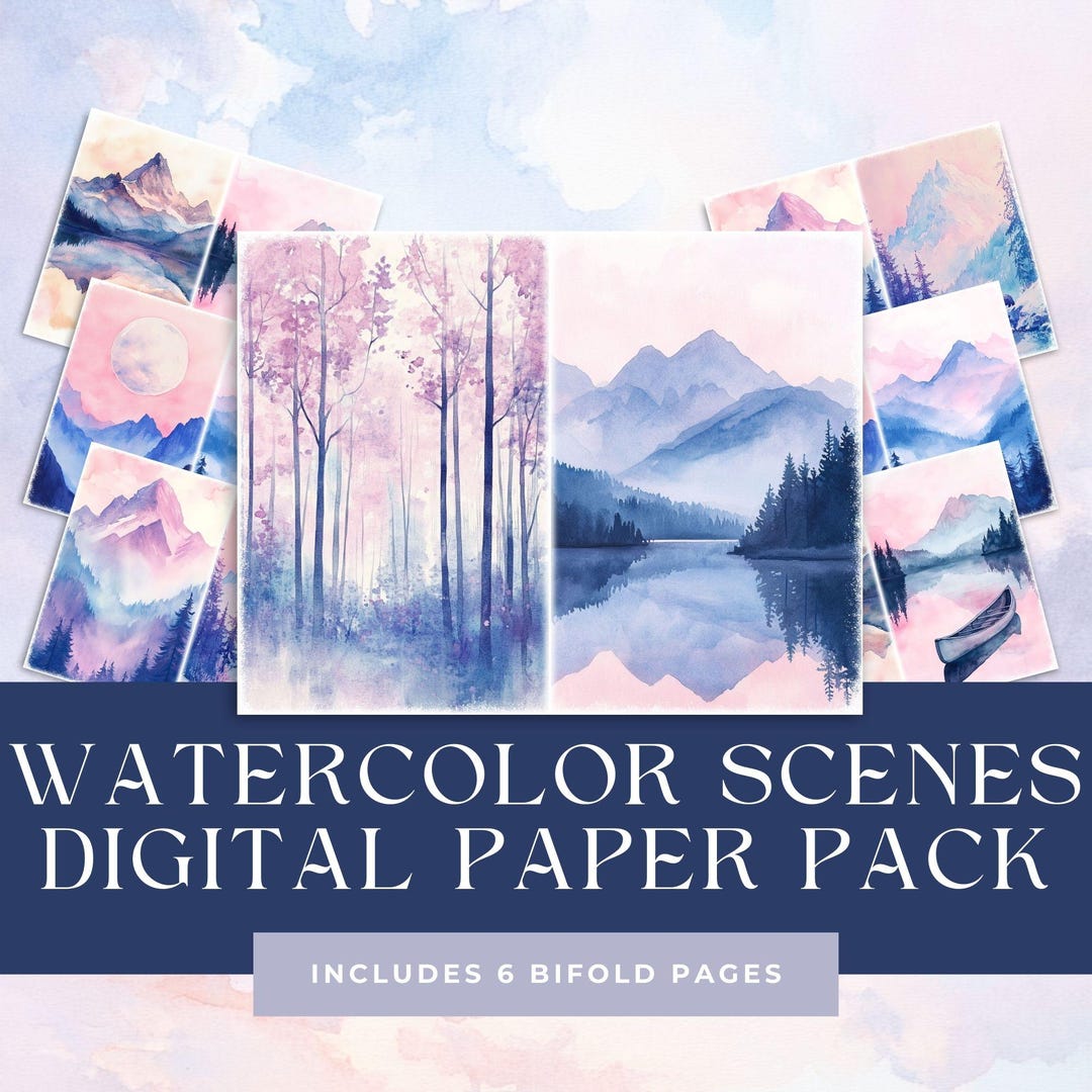 Watercolor Mountain Scenes Paper Pack, Nature Bifold Junk Journal Pages ...