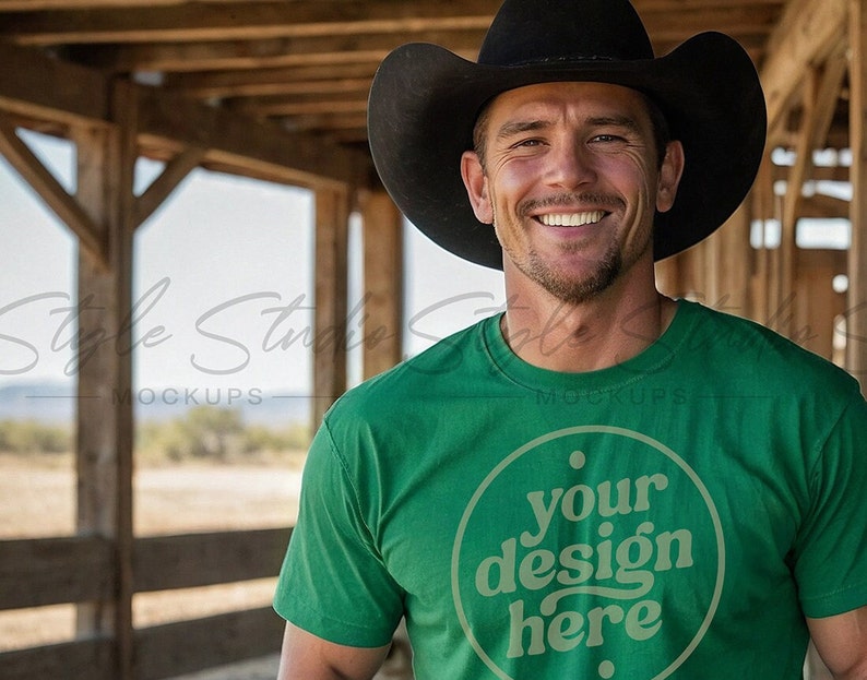 Cowboy Model Kelly Green T-shirt Mockup, Farmer or Rodeo Mocks, Western ...