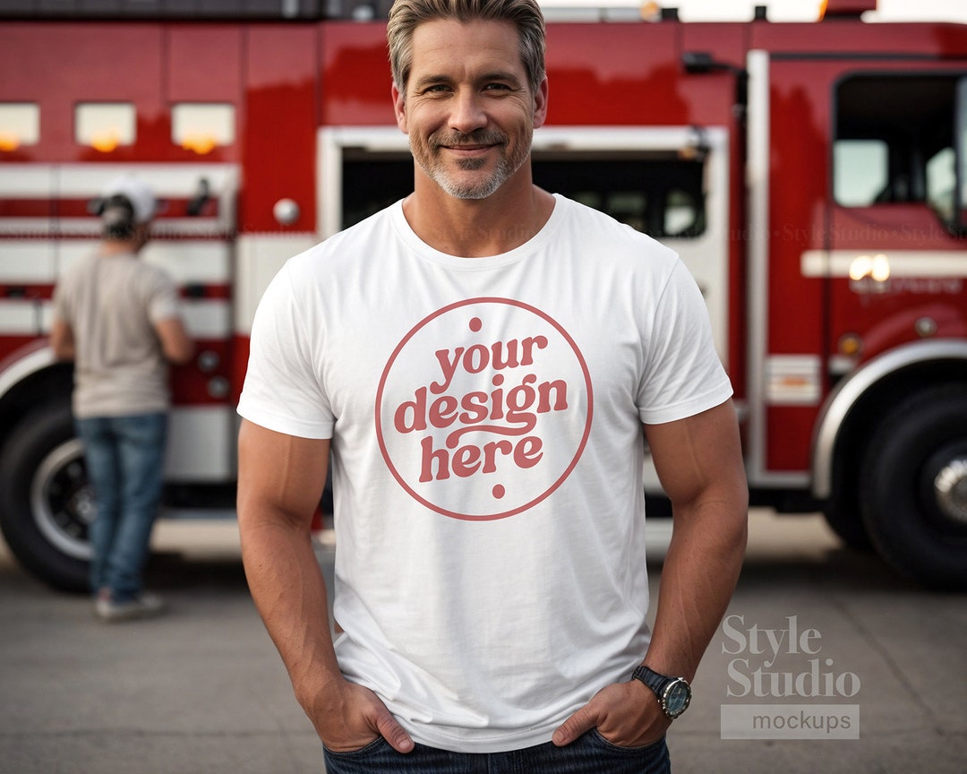 Firefighter Red T-shirt Mockup, Fire Fighter Shirt Mock, Firehouse Male ...