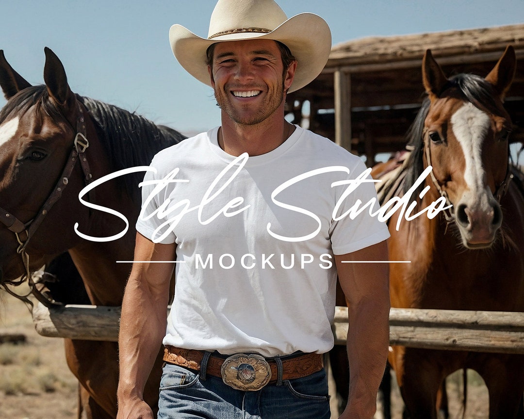 Cowboy Horses White T-shirt Model Mockup, Male Model Rodeo Western ...