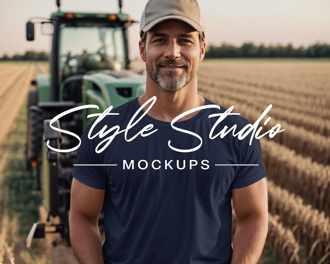 Country Farmer Tractor Mockup, Navy Bella & Canvas 3001 T Shirt, Blue T ...