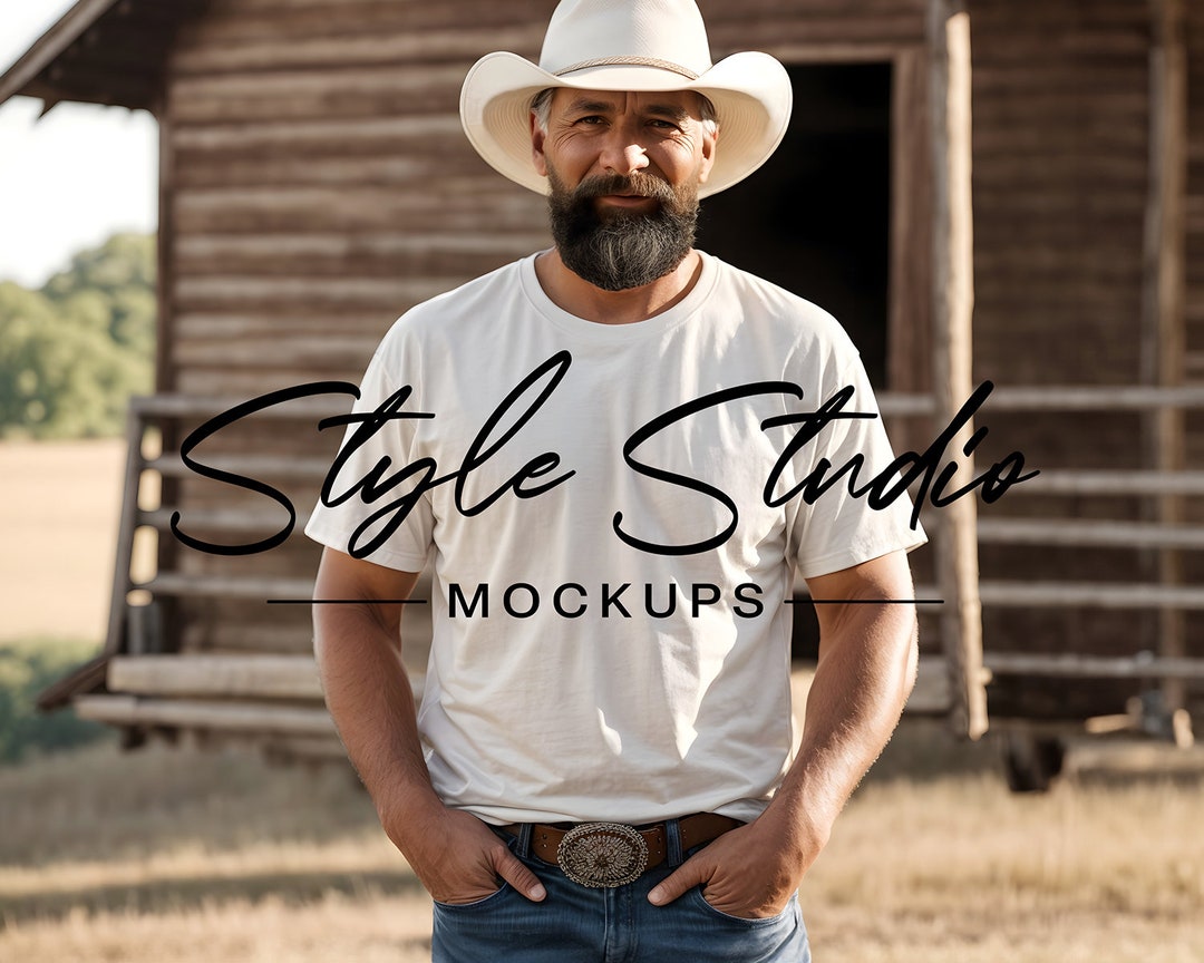 Country Western Themed Farm Mockup, Cowboy T Shirt, White T-shirt Mock ...