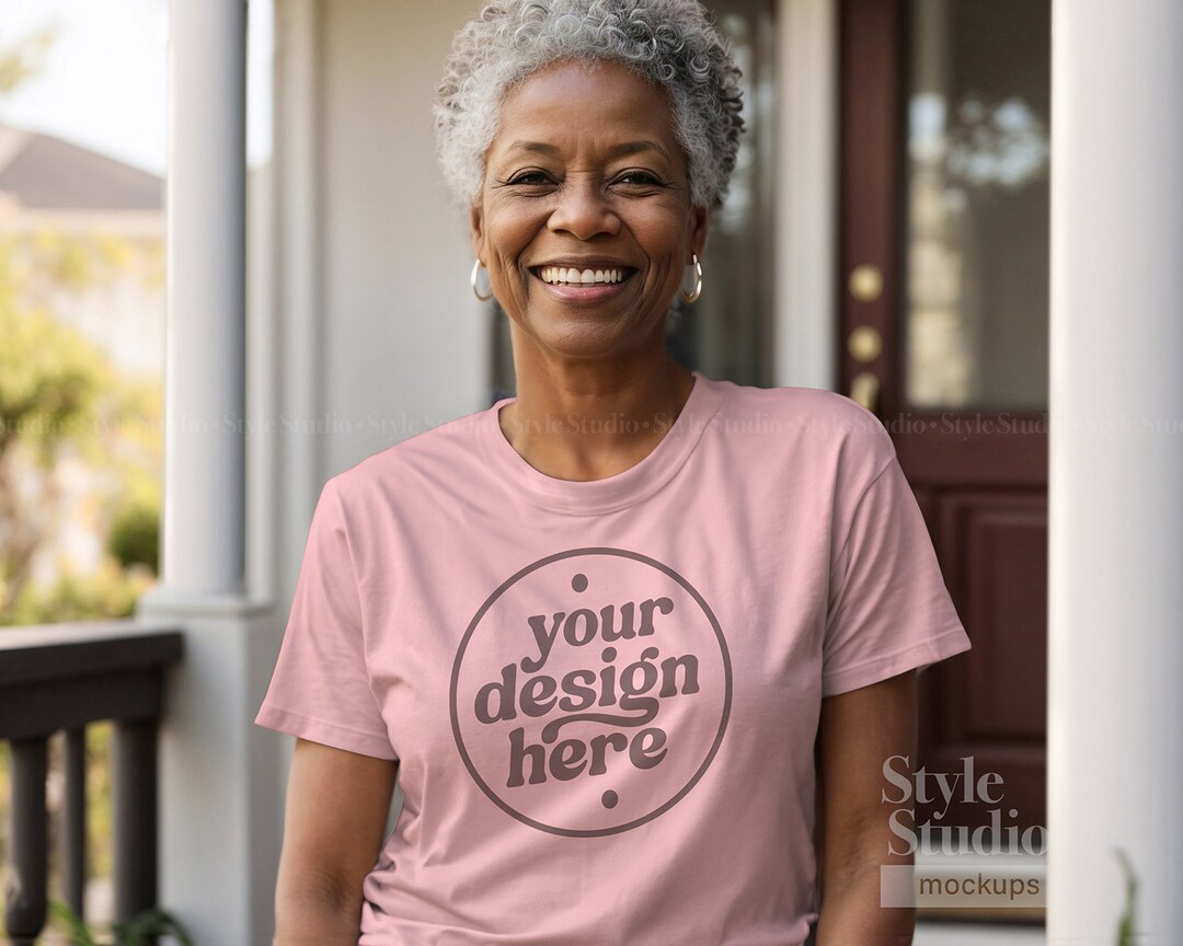 Black Model Senior Female T-shirt Mockup, Pink Bella Canvas 3001 Mockup ...