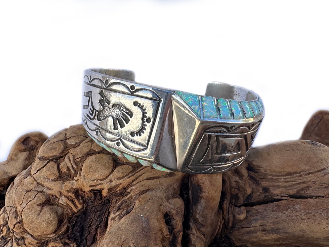 Leonard Jim Opal Inlay Sterling Silver Stamped Kokopelli Cuff Bracelet ...