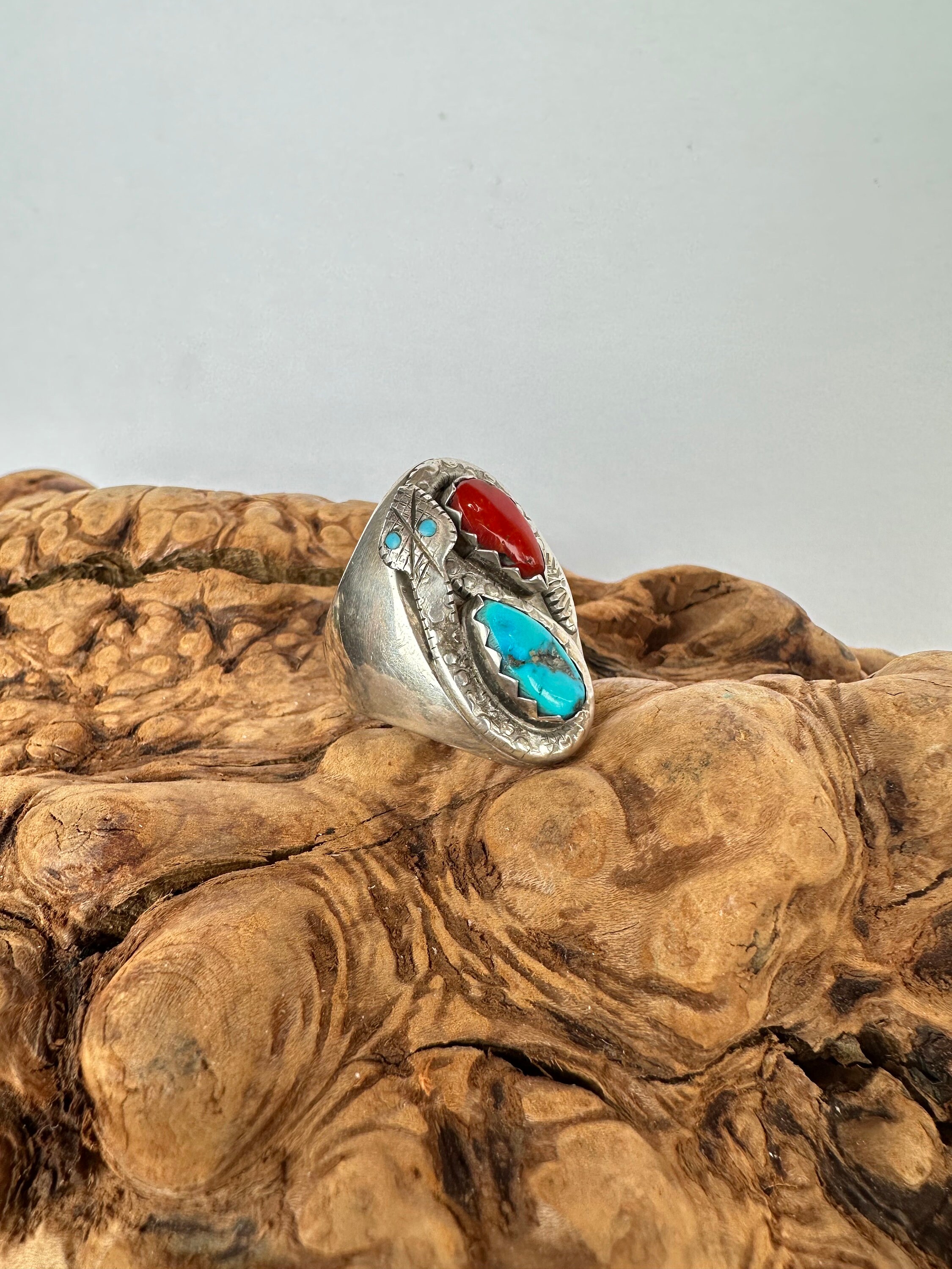 Vintage Ray Nieto Mens Turquoise and Coral Sterling Silver Zuni Snake ...