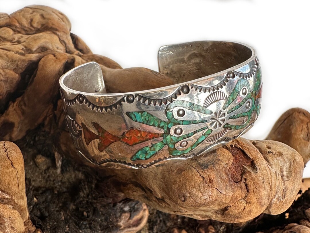 Vintage Turquoise Coral Chip Inlay Sterling Silver Cuff Bracelet - Etsy