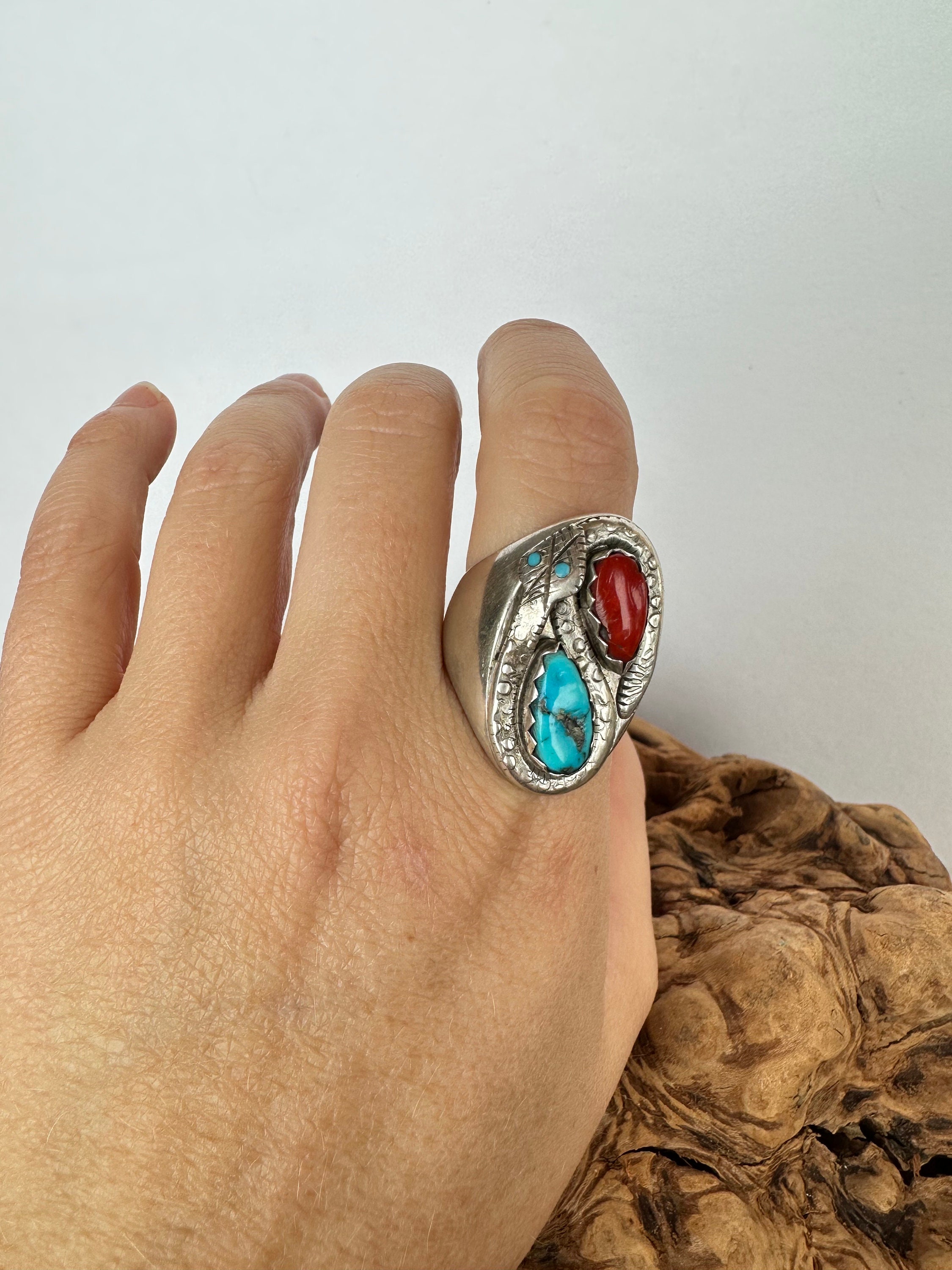 Vintage Ray Nieto Mens Turquoise and Coral Sterling Silver Zuni Snake ...