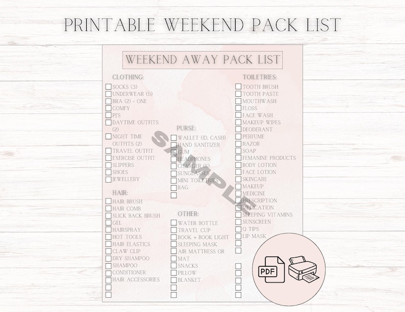 PRINTABLE Weekend Away Pack List - Etsy