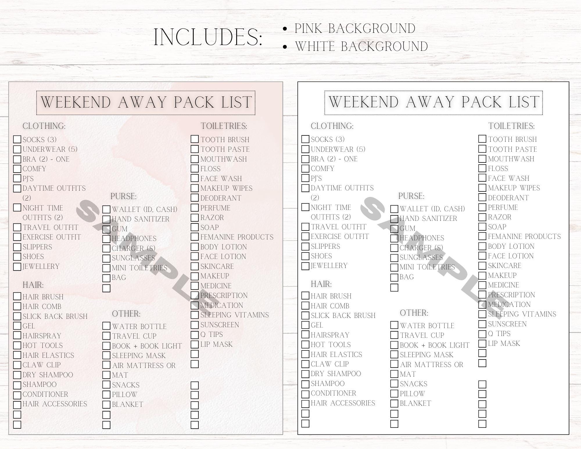 PRINTABLE Weekend Away Pack List - Etsy