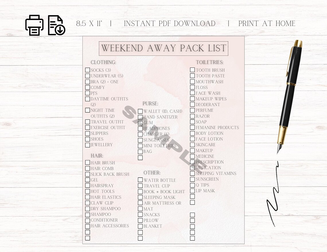 PRINTABLE Weekend Away Pack List - Etsy