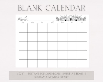 Floral Monthly Calendar, Blank Calendar, Printable, Agenda, Calendar ...