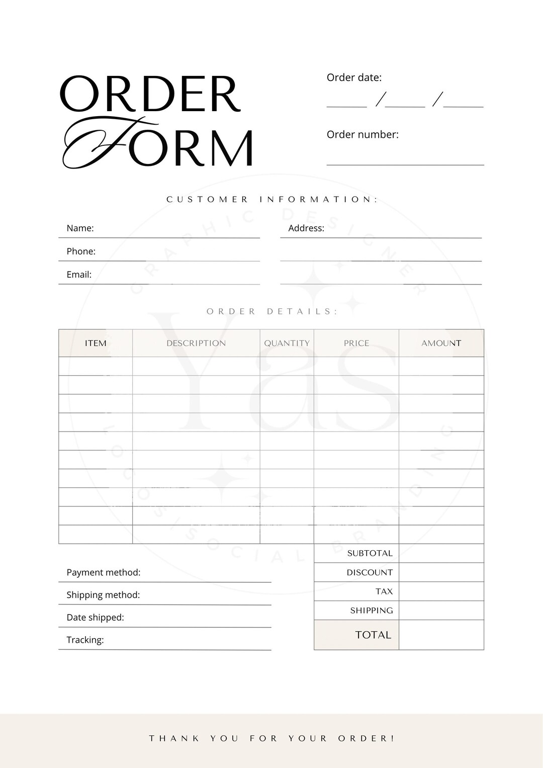 Order Form Printable Sheet - Etsy