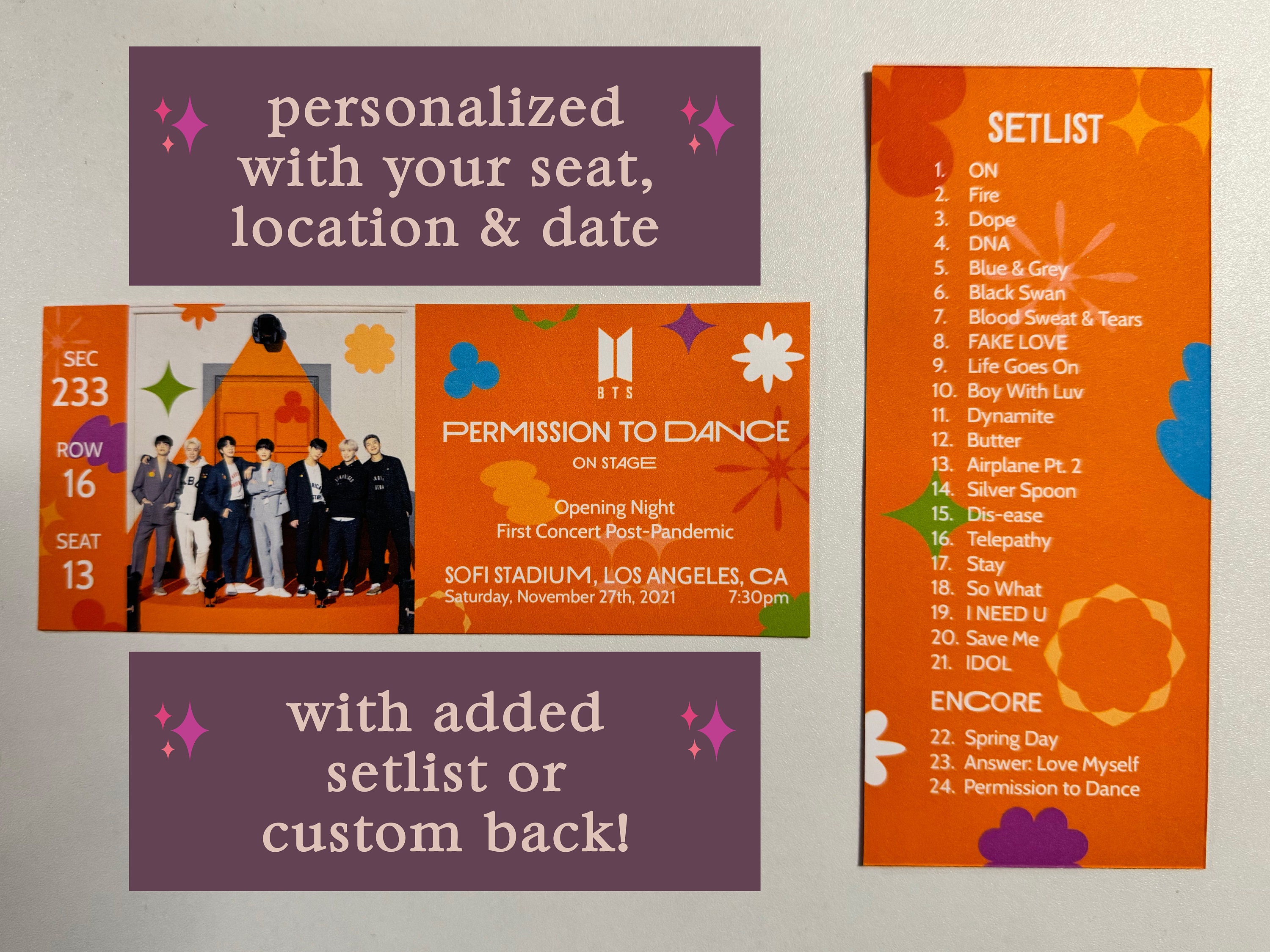 Physical Custom BTS Permission to Dance Tour USA Personalized Commemorative Keepsake Concert ...