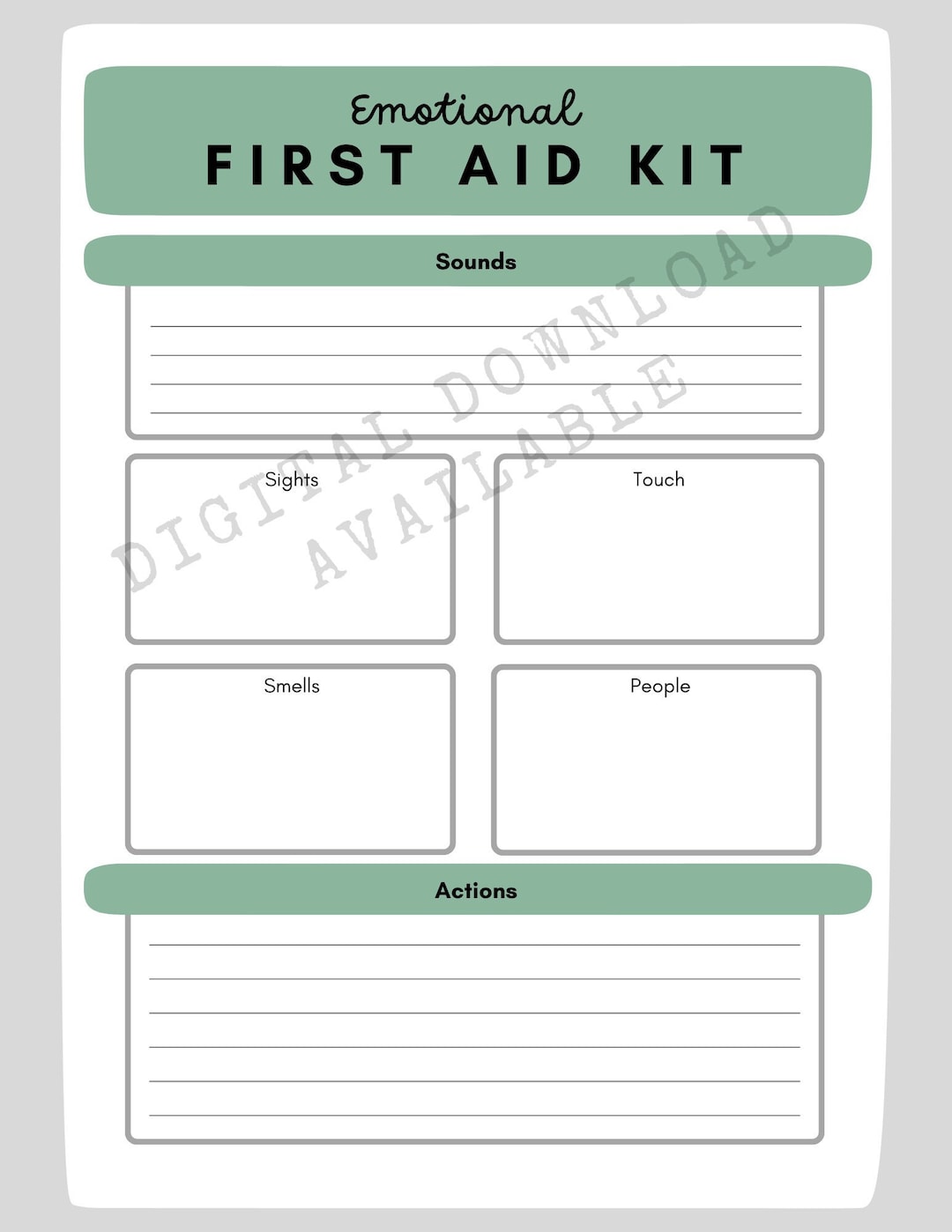 Emotional First Aid Kit Worksheet Green & Gray - Etsy