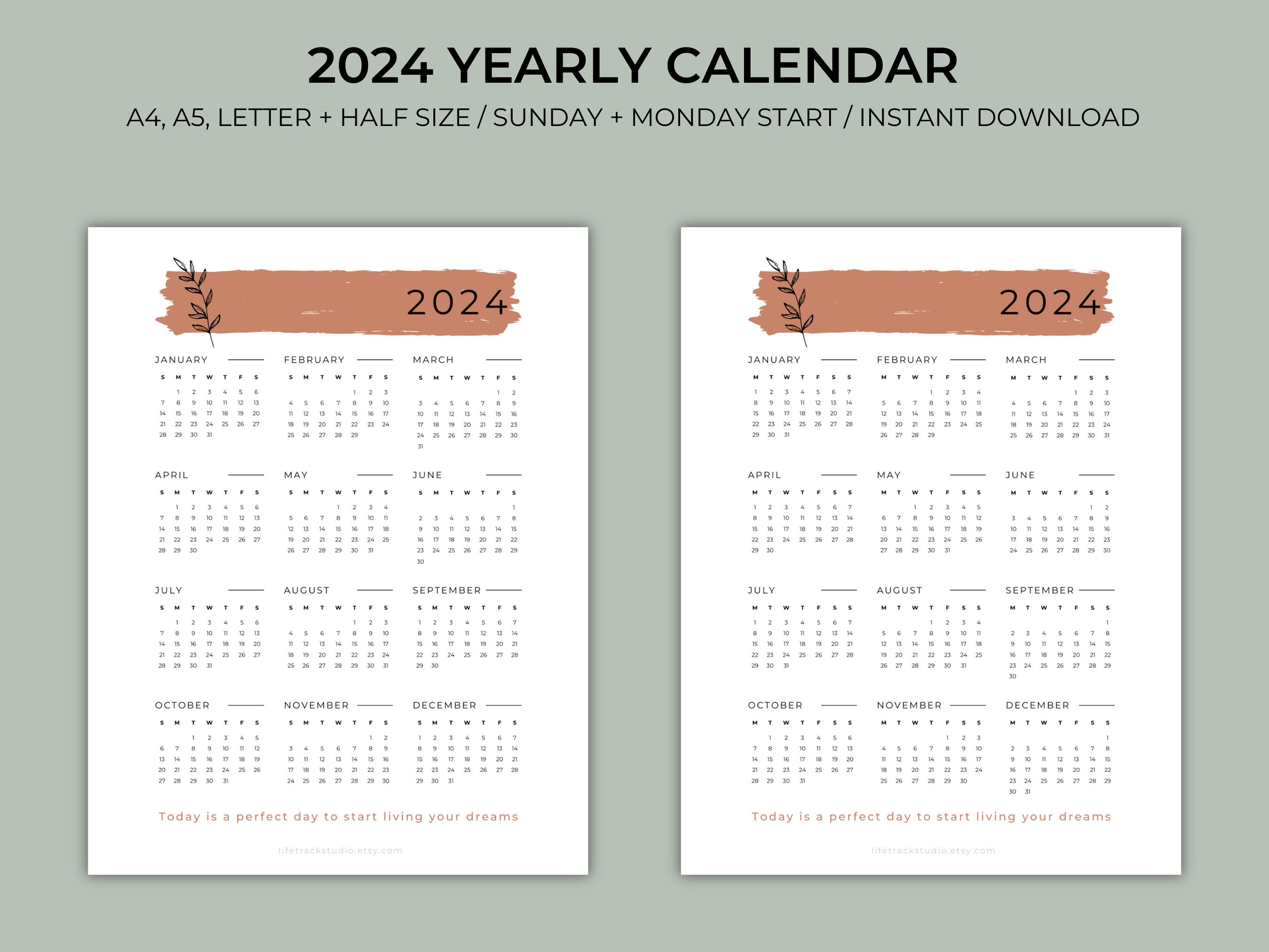 2024 Boho Minimalist Printable Calendar, 2024 Yearly Calendar, Year at ...