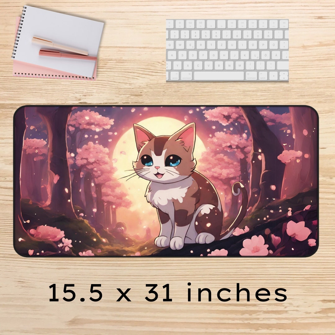 Cat Decor Cherry Blossom Animation Mousepad Anime Kitten Desk Mat Cozy ...