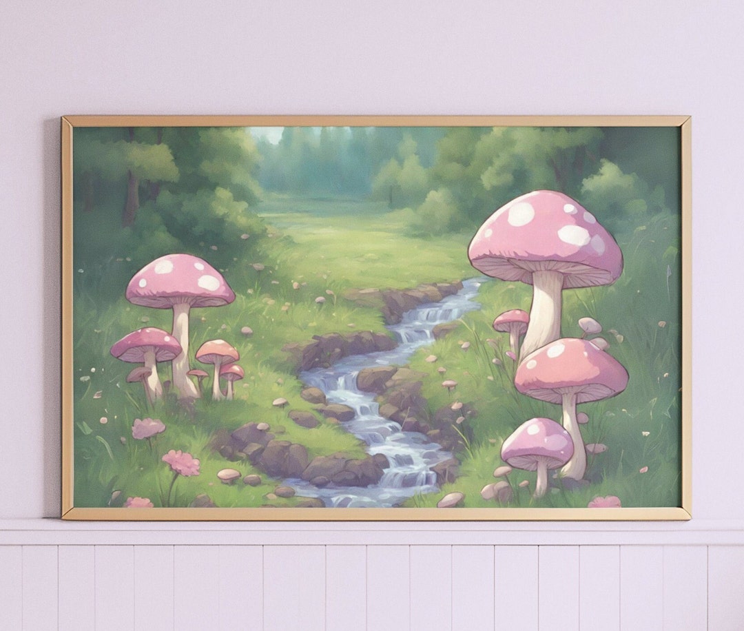 Mushroom Room Decor Forest Poster Pastel Wall Art Woodland Landscape ...