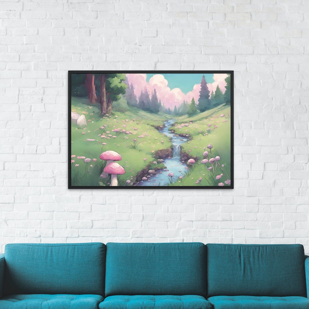 Mushroom Poster Forest Wall Decor Pastel Wall Art Woodland Landscape ...