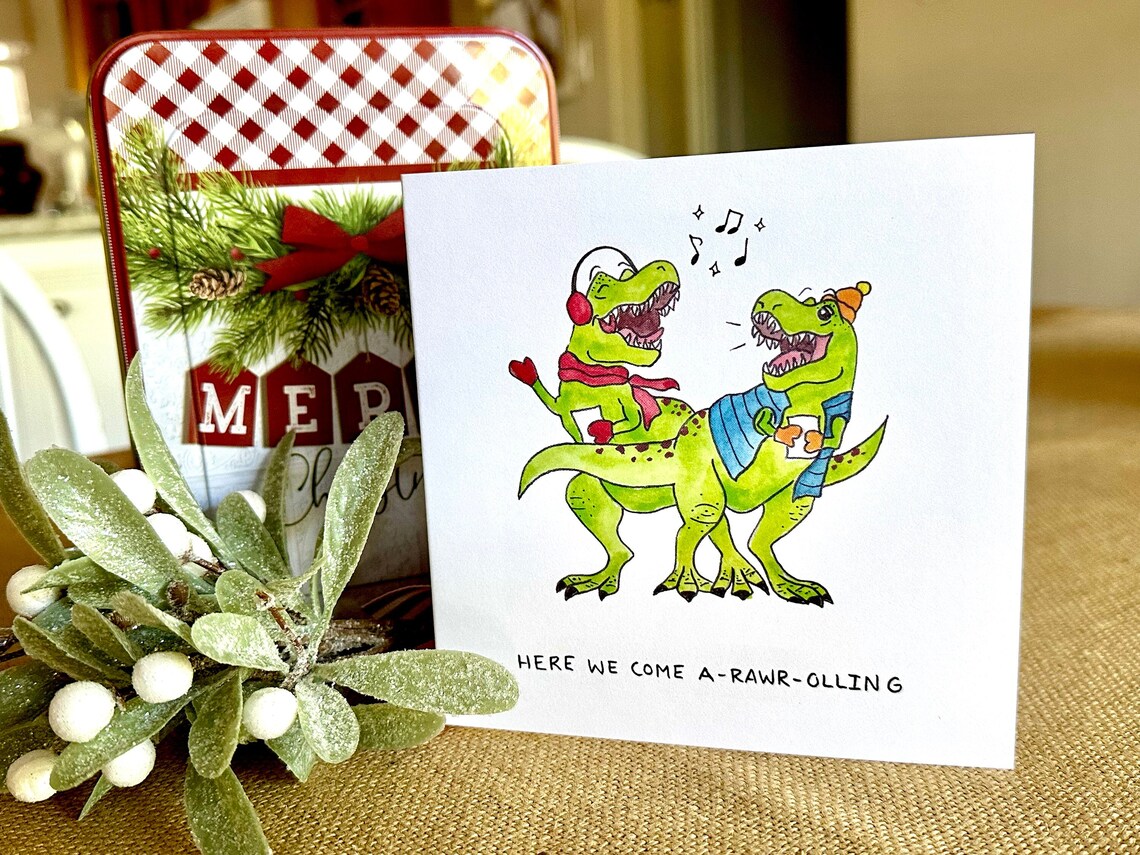 Christmas Singing T-rex Dinosaurs Greeting Card, Watercolor and Hand ...