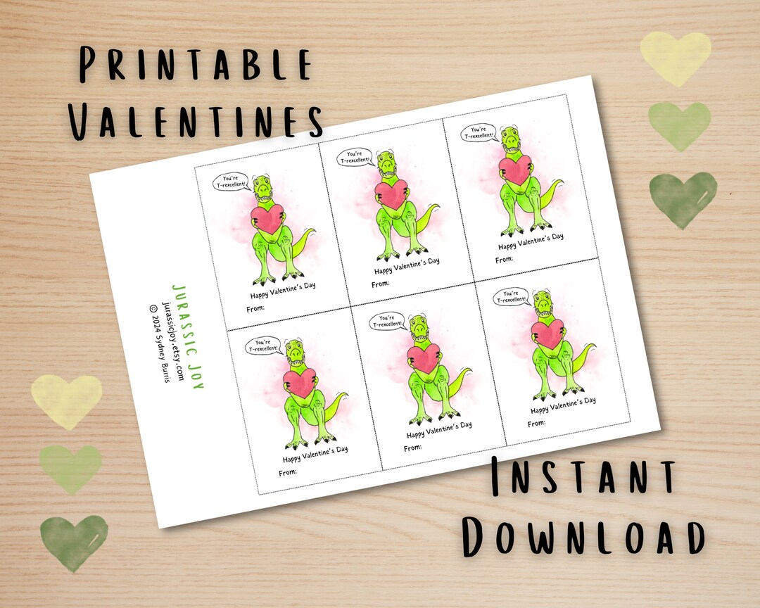 Dino Heart Printable Download Valentines | Watercolor & Ink - Etsy