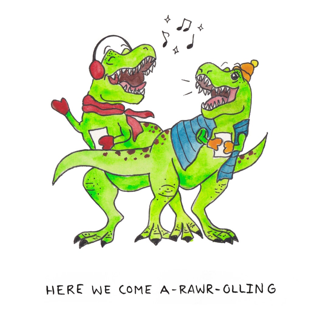 Christmas Singing T-rex Dinosaurs Greeting Card, Watercolor and Hand ...