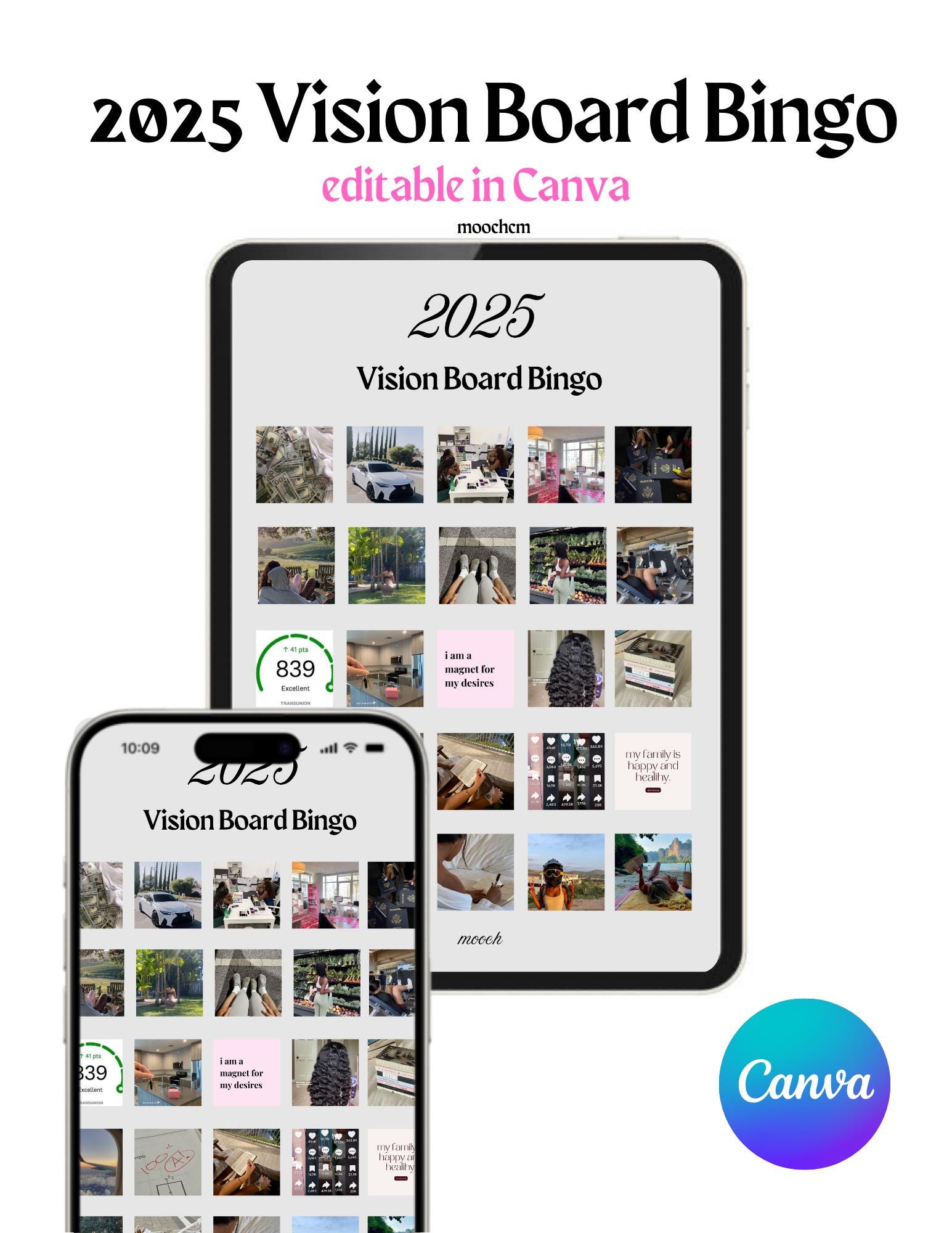 2025 Vision Board Bingo Template - Editable Canva Digital Download - Etsy