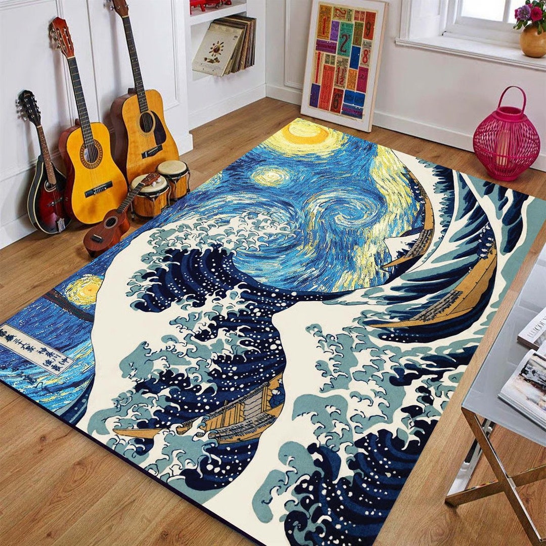 Van Gogh Starry Night and the Great Wave Digital Printed Carpet Non ...