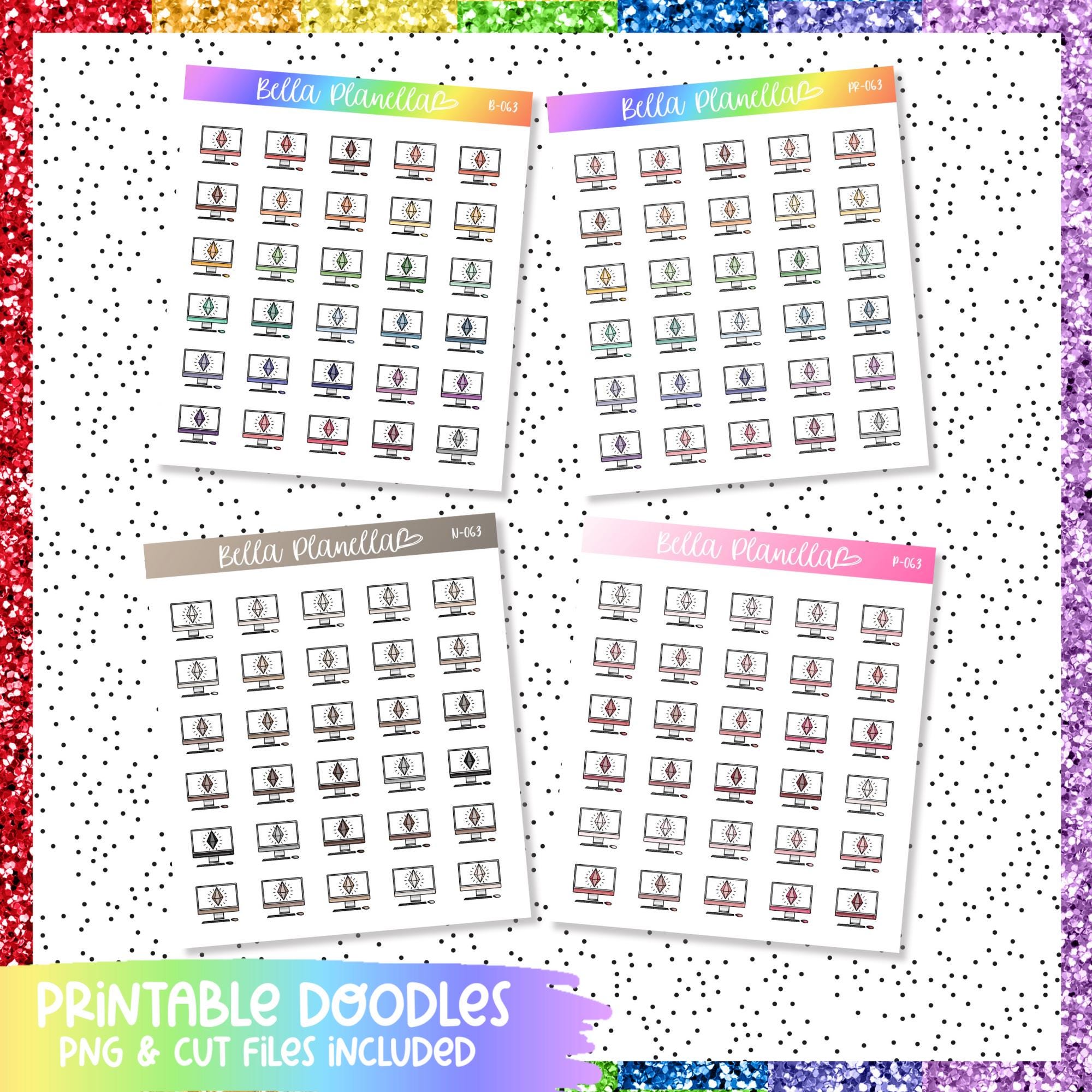 Desktop Sims || 4 Colours || Printable Doodles || Printable || Cut Line ...