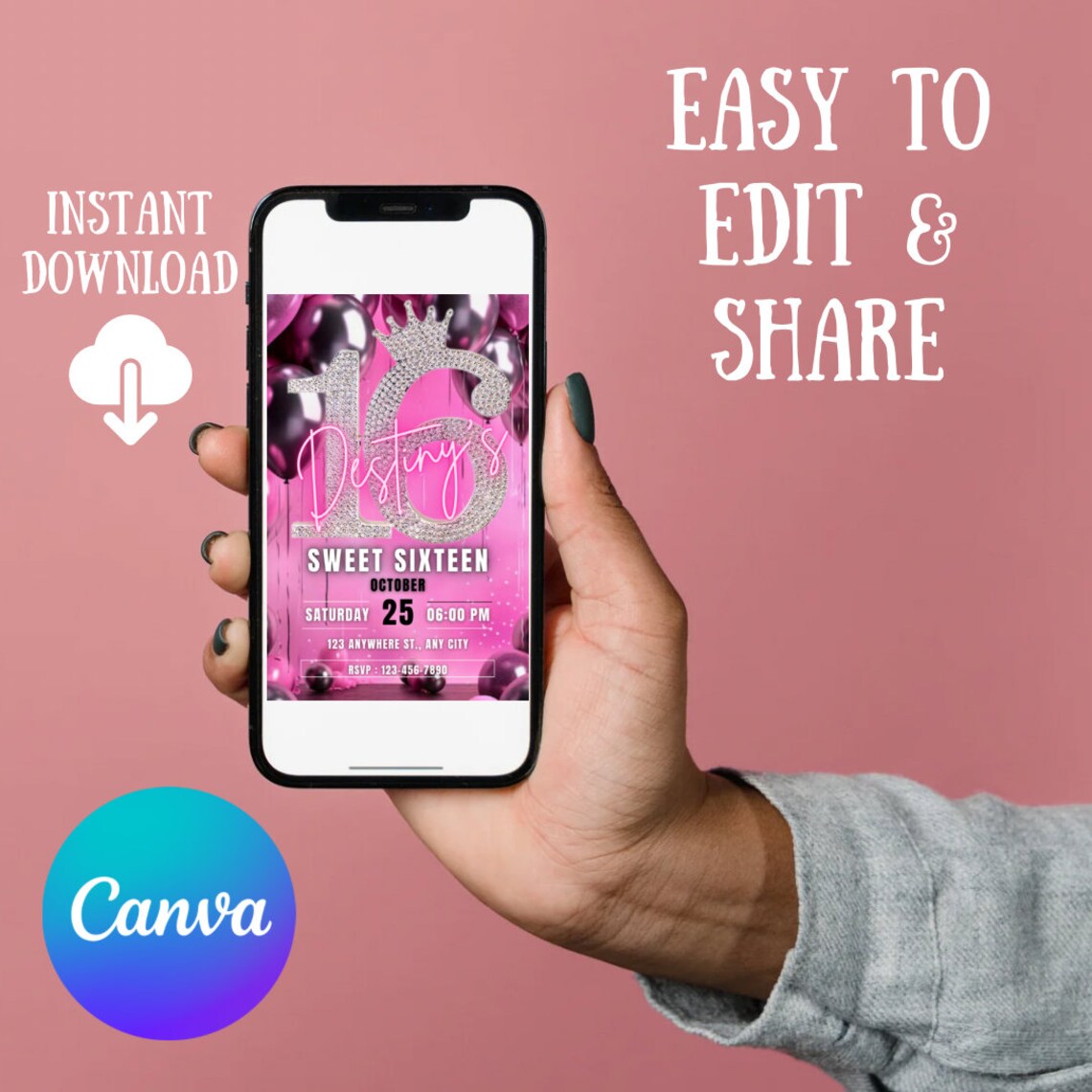 Editable Pink Sweet 16 Invitation - Etsy