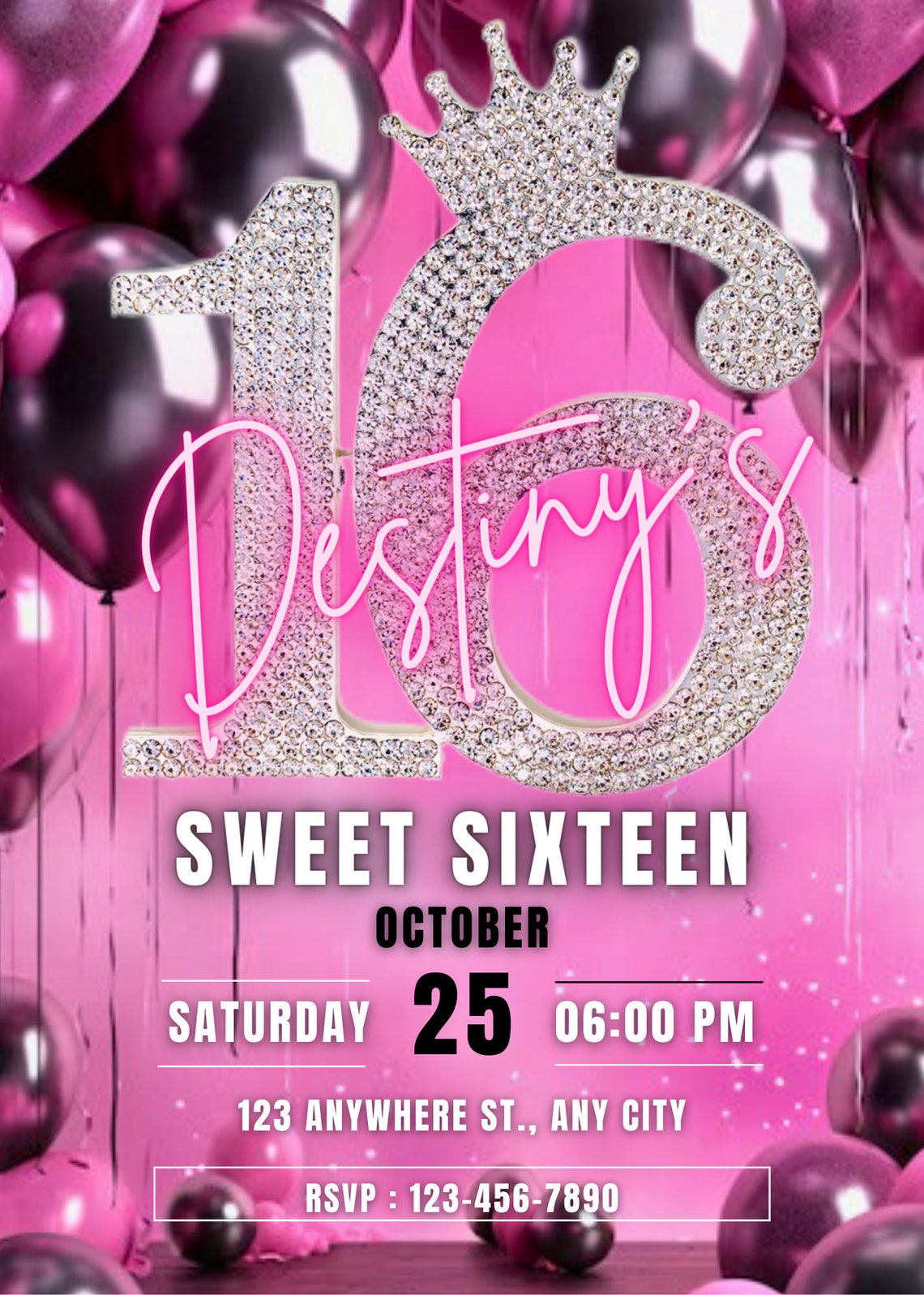 Editable Pink Sweet 16 Invitation - Etsy