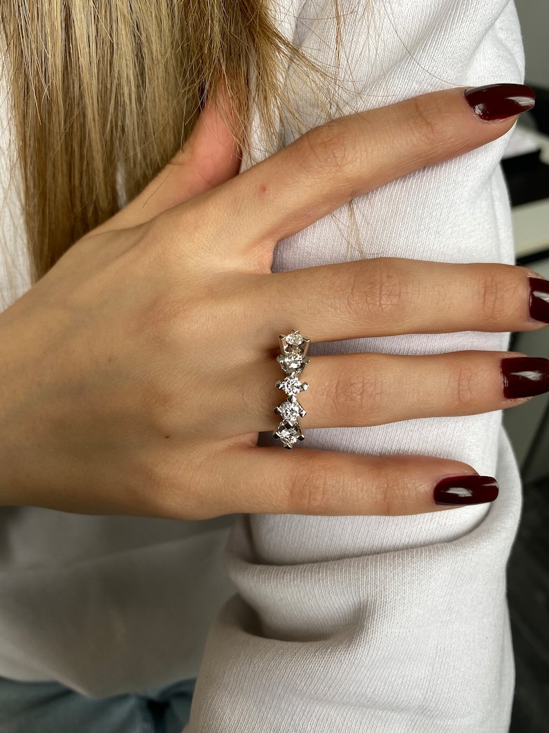 14k Gold Five Diamond Ring, 5 Stone Wedding Band, Diamond Wedding Band ...