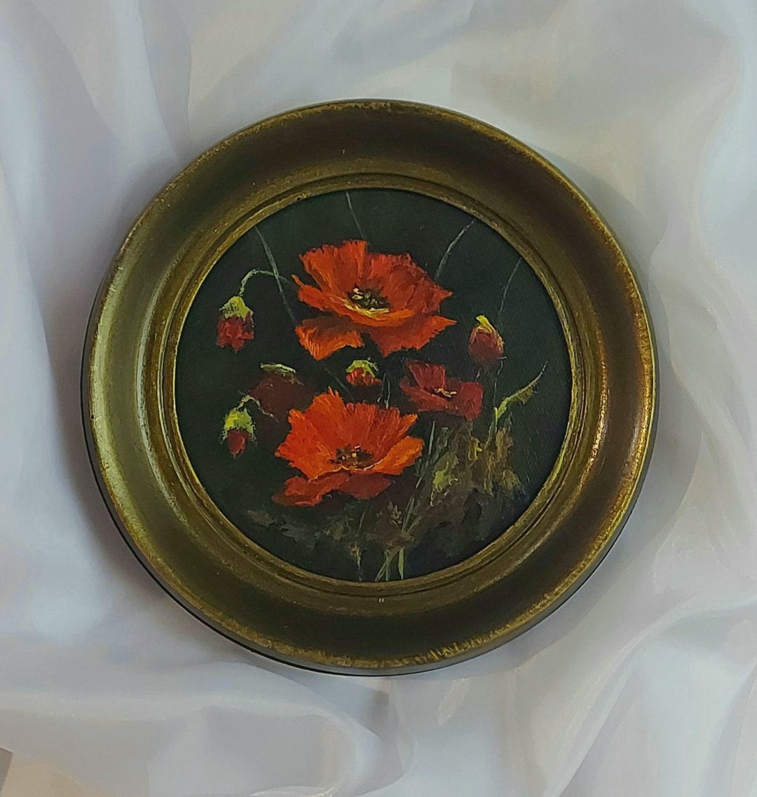 Unique Oil Painting on Canvas, Round Handmade Frame, Flowers, Poppy on ...
