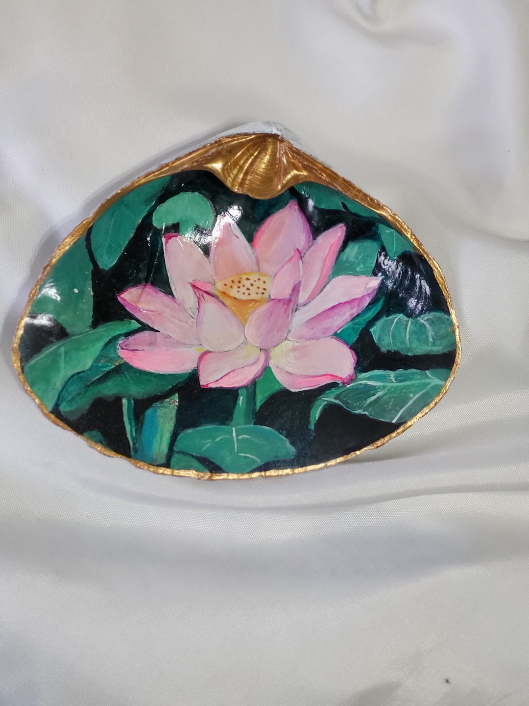 Hand Painted Lotus on Clam Shell , Floral Gifts, Floral Jewelry Holder ...