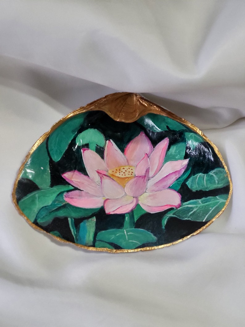 Hand Painted Lotus on Clam Shell , Floral Gifts, Floral Jewelry Holder ...
