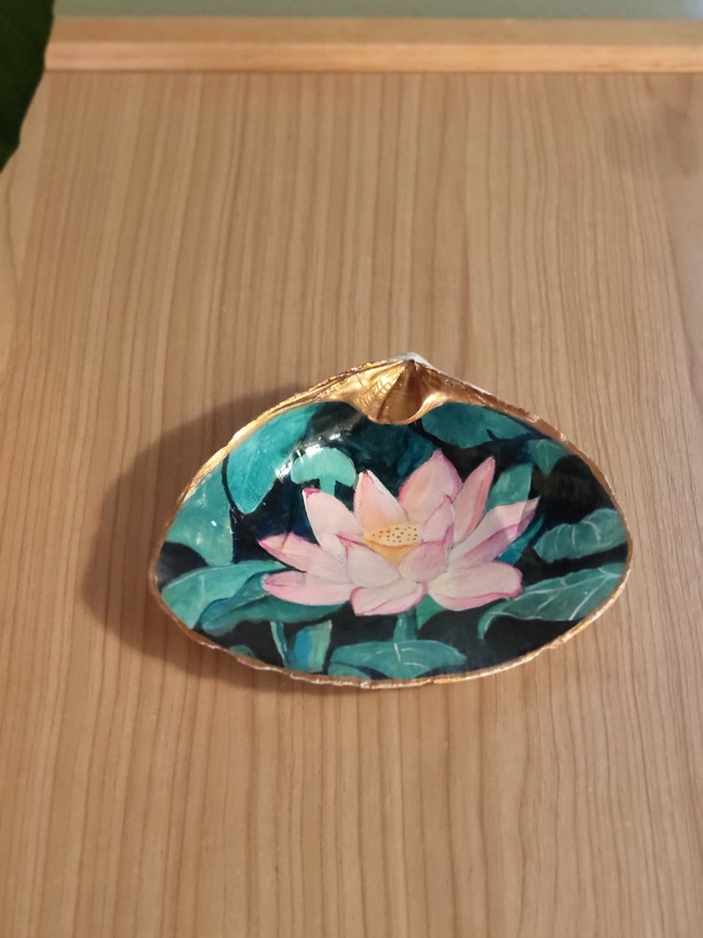 Hand Painted Lotus on Clam Shell , Floral Gifts, Floral Jewelry Holder ...