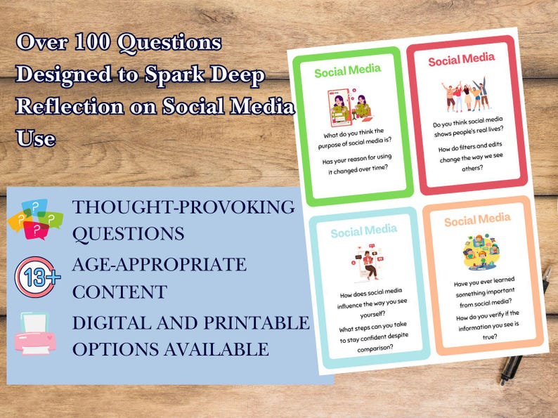 Printable Social Media Reflection Cards for Teens Focused Flashcards ...