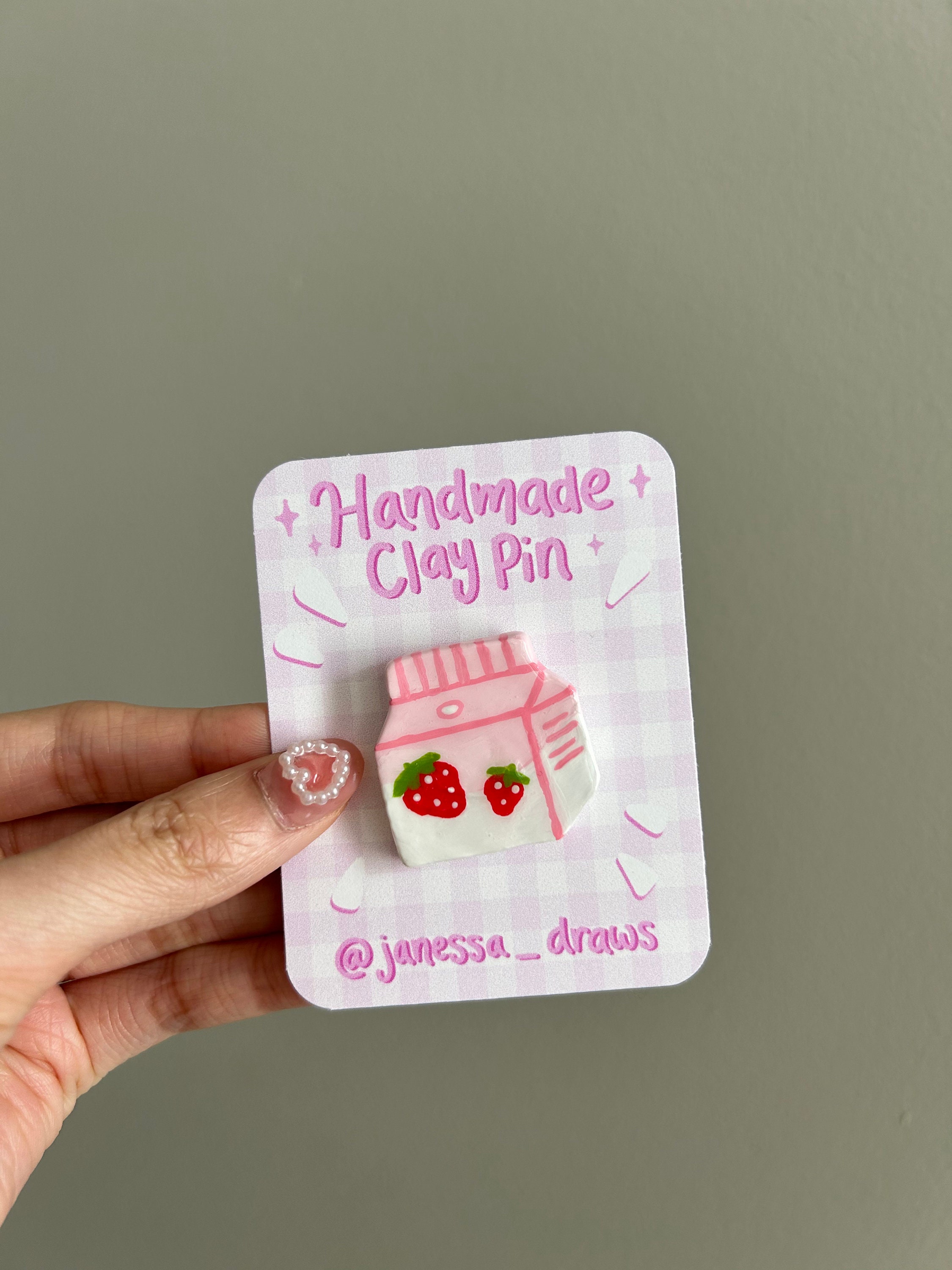 Cute Handmade Strawberry Milk Clay Pin Polymer Clay Hand Sculpted Hand ...