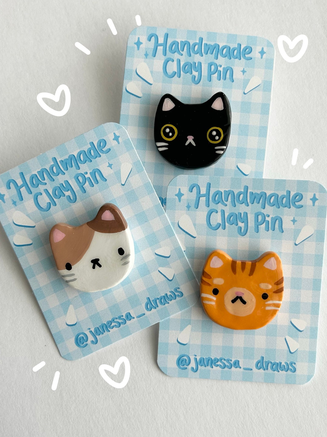 Cute Handmade Cat Clay Pins Polymer Clay Hand Sculpted Hand Painted UV ...