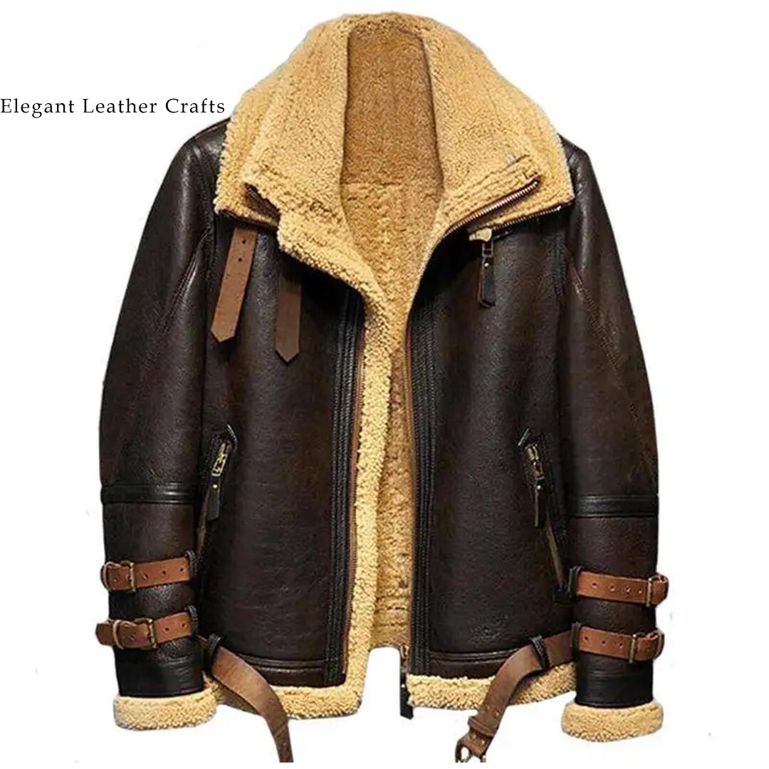 Men Shearling Jacket, B3 Leather Jacket, Dark Brown Jacket, Sheepskin ...