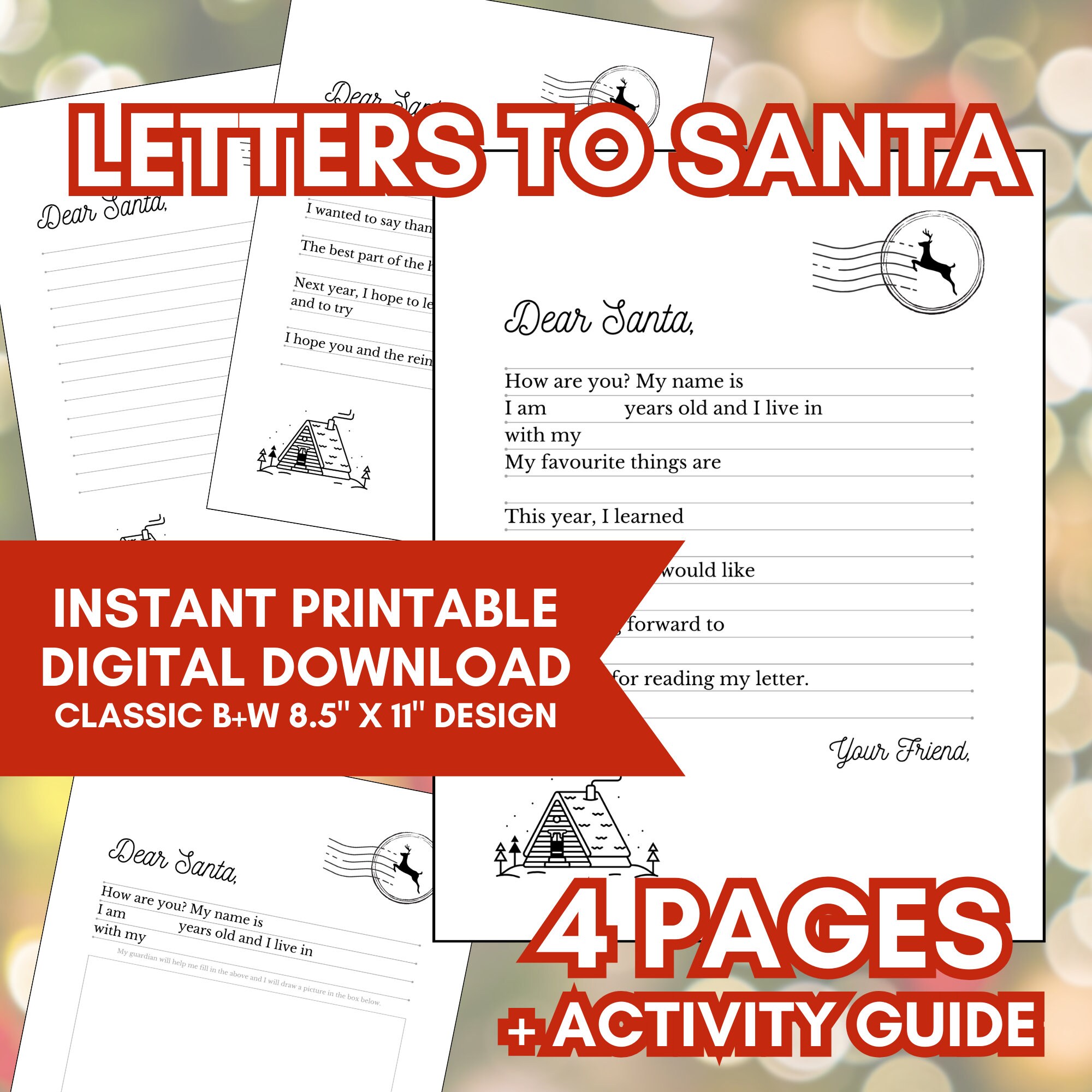 Printable Letters to Santa Template | PDF + PNG | Black and White ...
