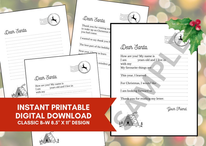 Printable Letters to Santa Template | PDF + PNG | Black and White ...