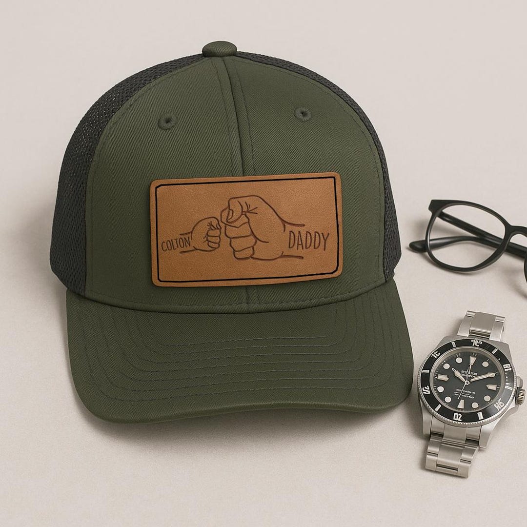 Custom Engraved Dad Cap With Fist Bump Design, Leather Patch Hat for ...