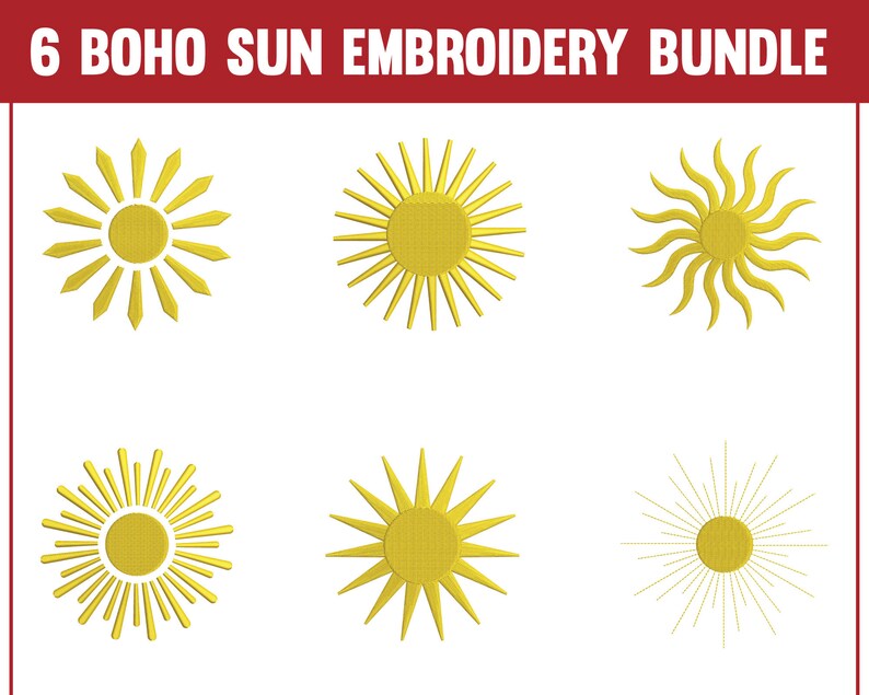 6 Individual Boho Sun Embroidery Bundle, Embroidered Sunshine Digital ...