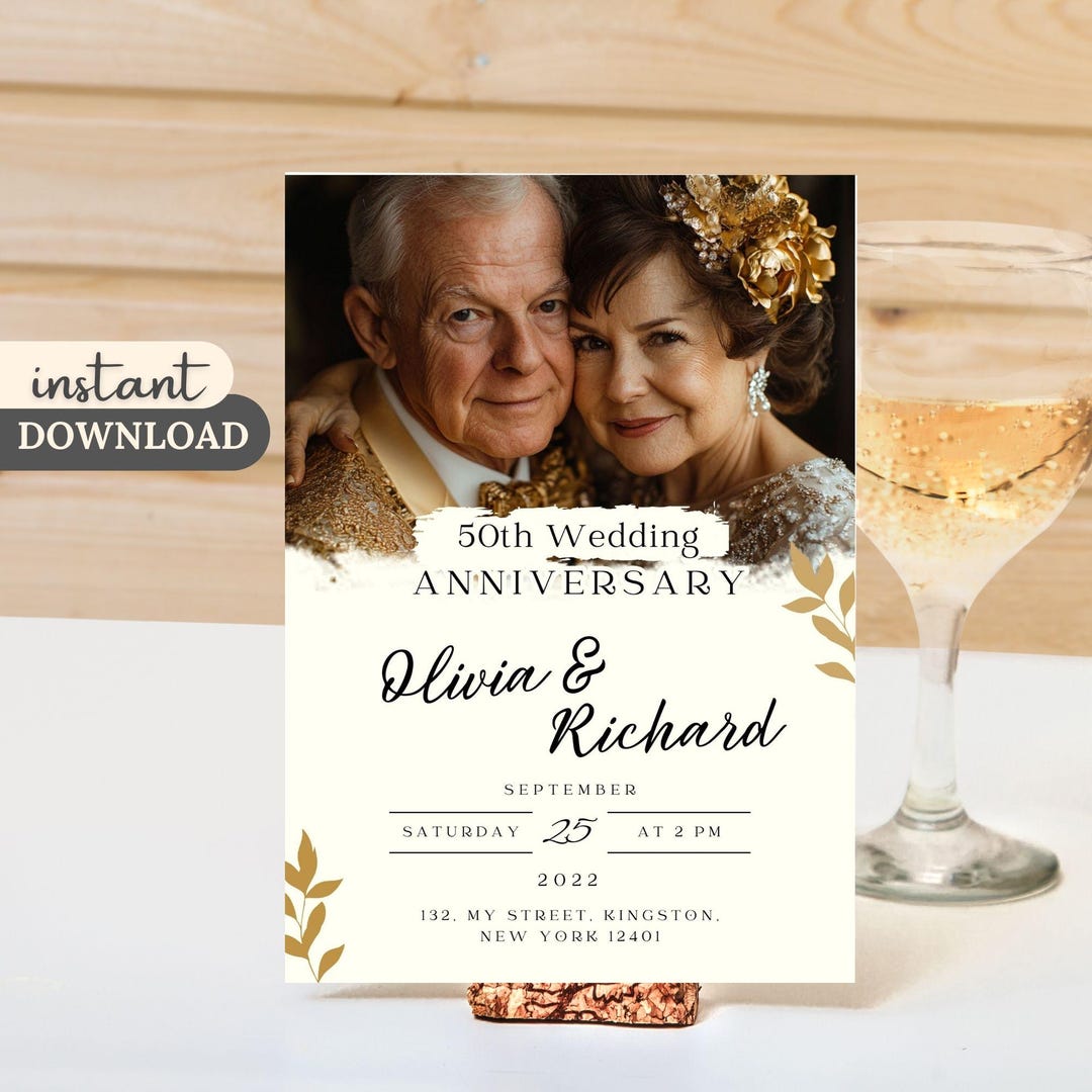 50 Years Wedding Anniversary Invitation, Golden Wedding Card, Editable ...