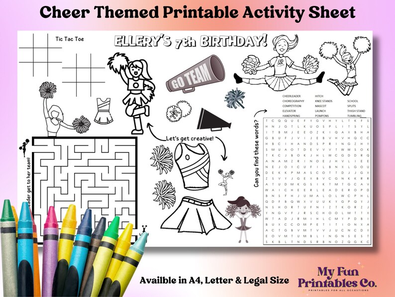 Printable Activity Sheet, Cheer Party Printable, Cheer Party Decor ...