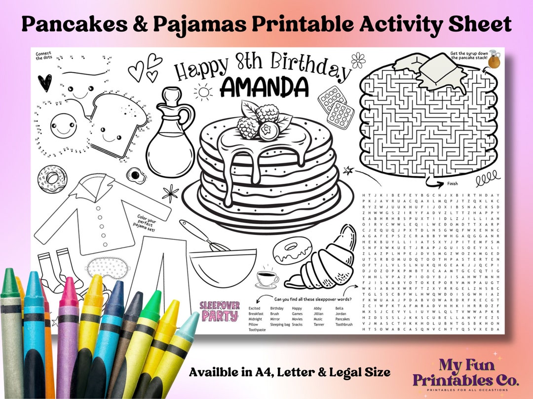 Printable Activity Sheet, Sleepover Printable, Personalized Party Decor ...