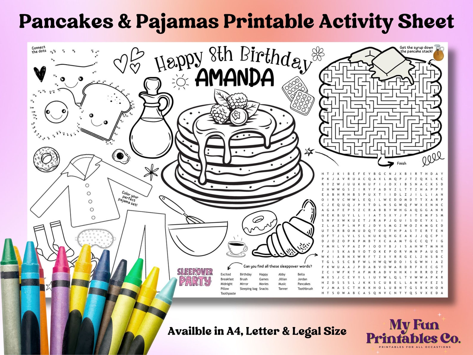 Printable Activity Sheet, Sleepover Printable, Personalized Party Decor ...